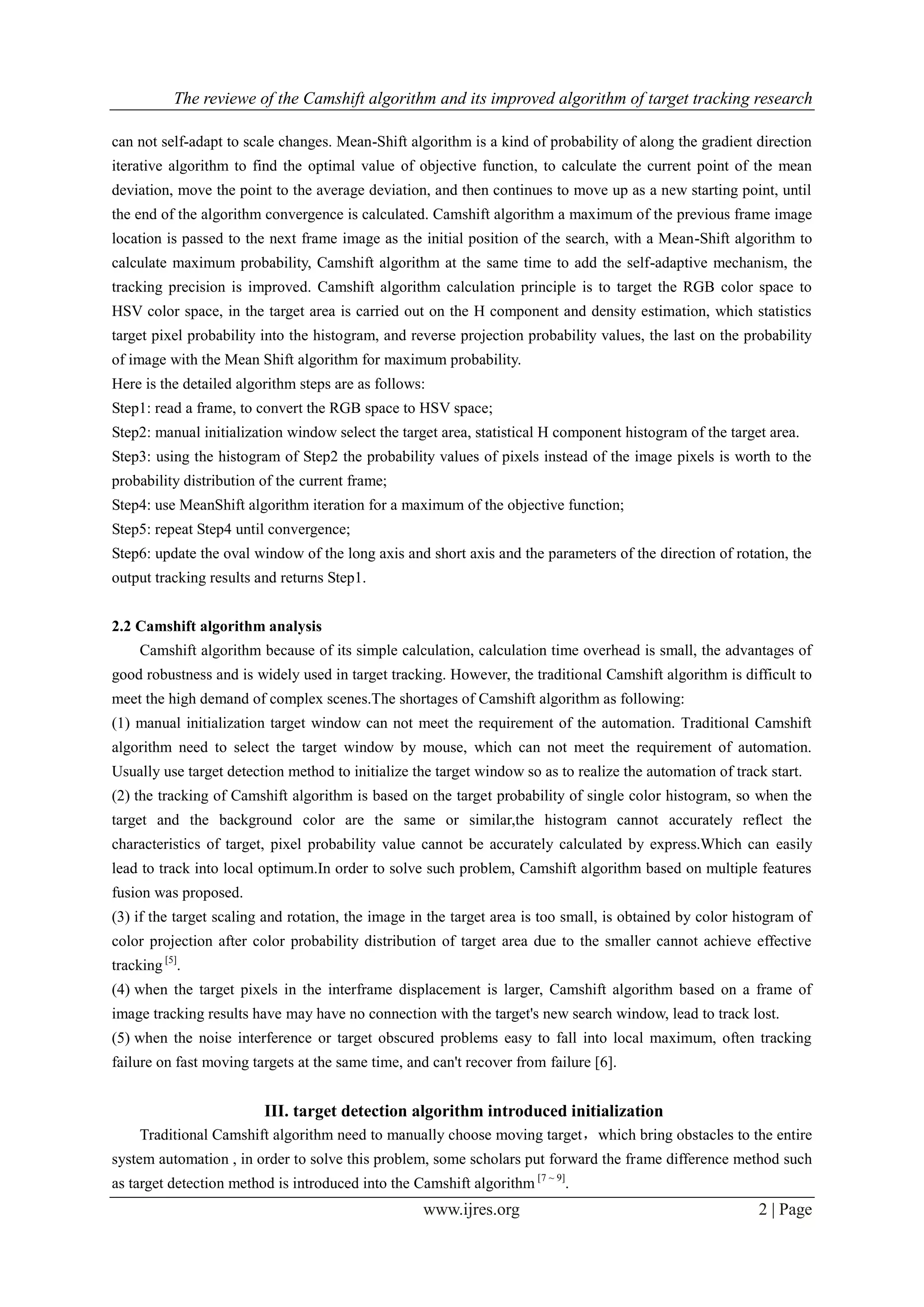 The Reviewe Of The Camshift Algorithm And Its Improved Algorithm Of Target Tracking Research Pdf