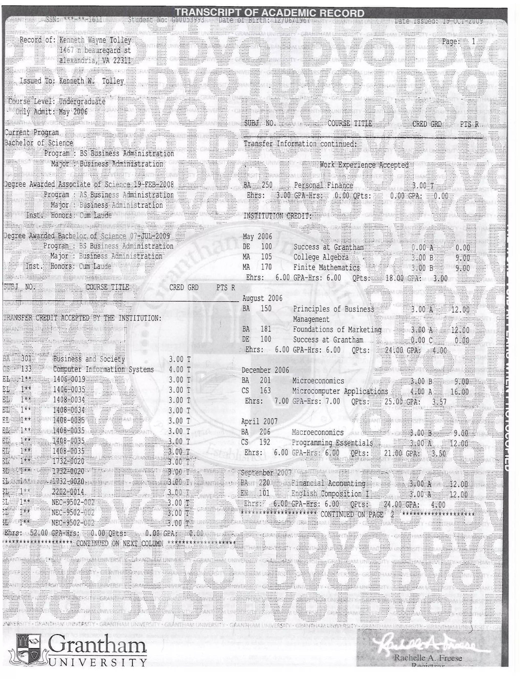 Grantham University Official Transcript[1] | PDF