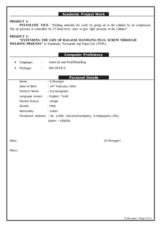 Murugan S-B E Mechanical Engineering | PDF