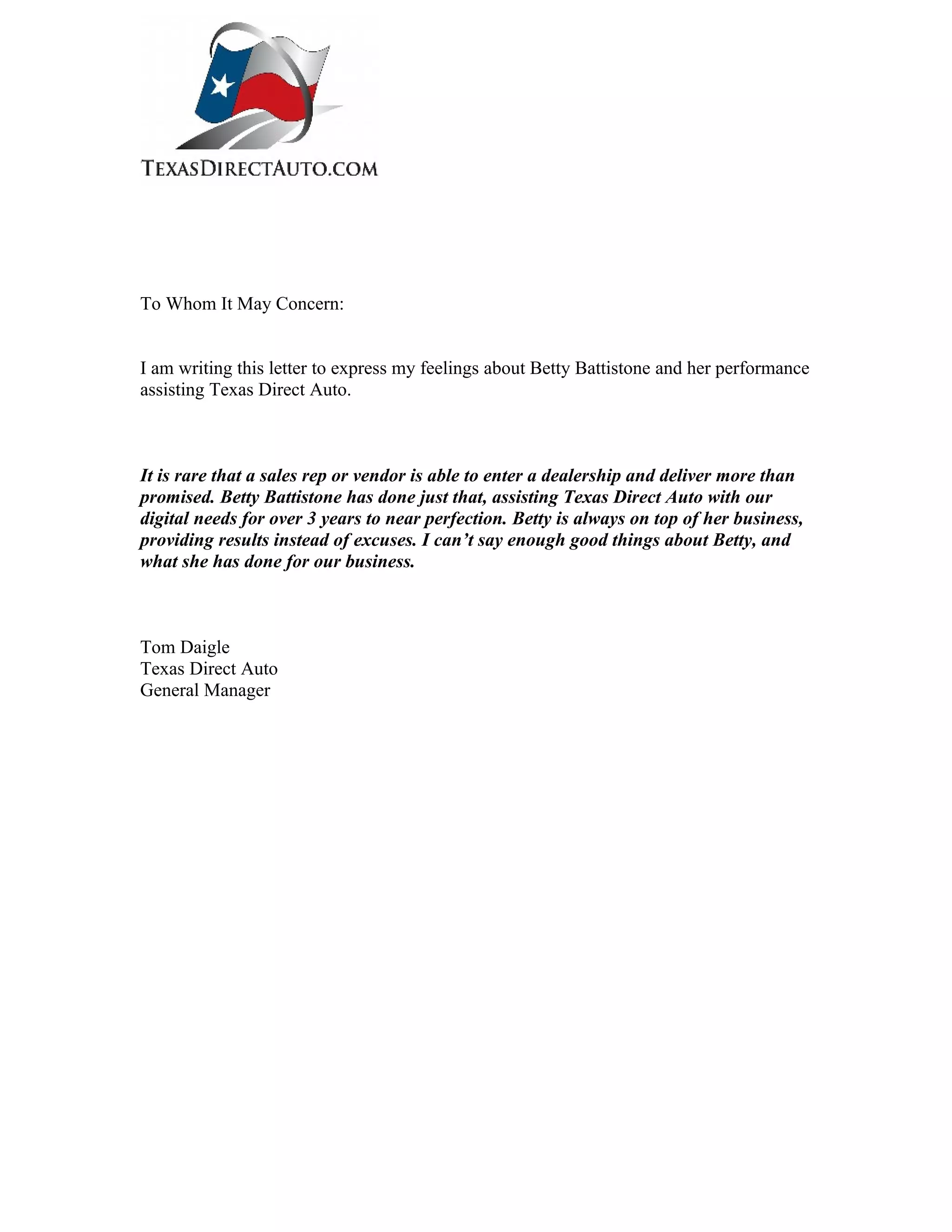 Tom Daigle Texas Direct Auto Letter of Recommendation | PDF