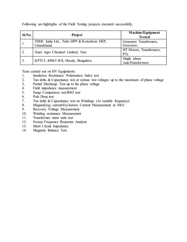 Following are highlights of the Field Testing projects executed ...