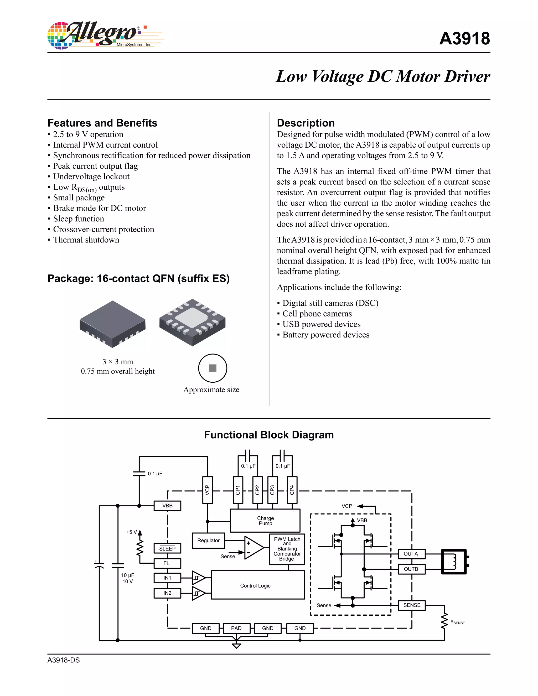 A3918 low voltage dc motor driver allegro datasheet[1] | PDF