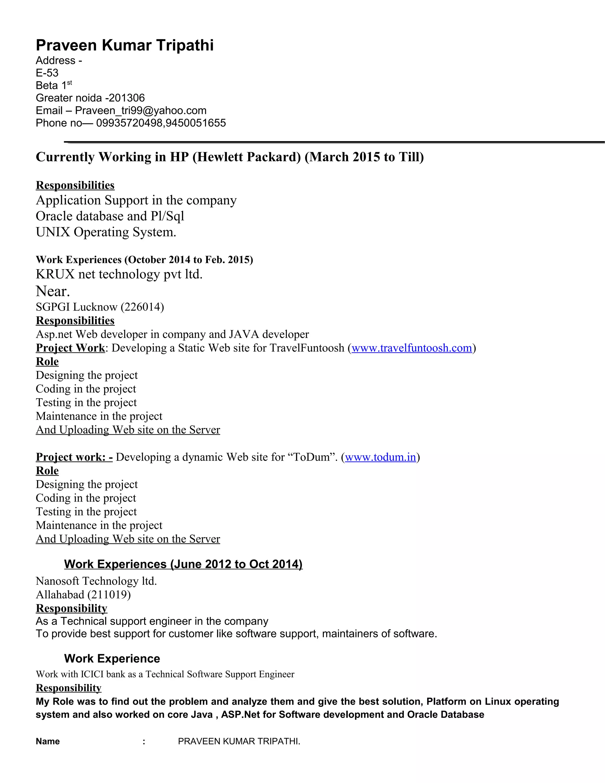 Praveen update | DOC | IT and Internet Support | Internet