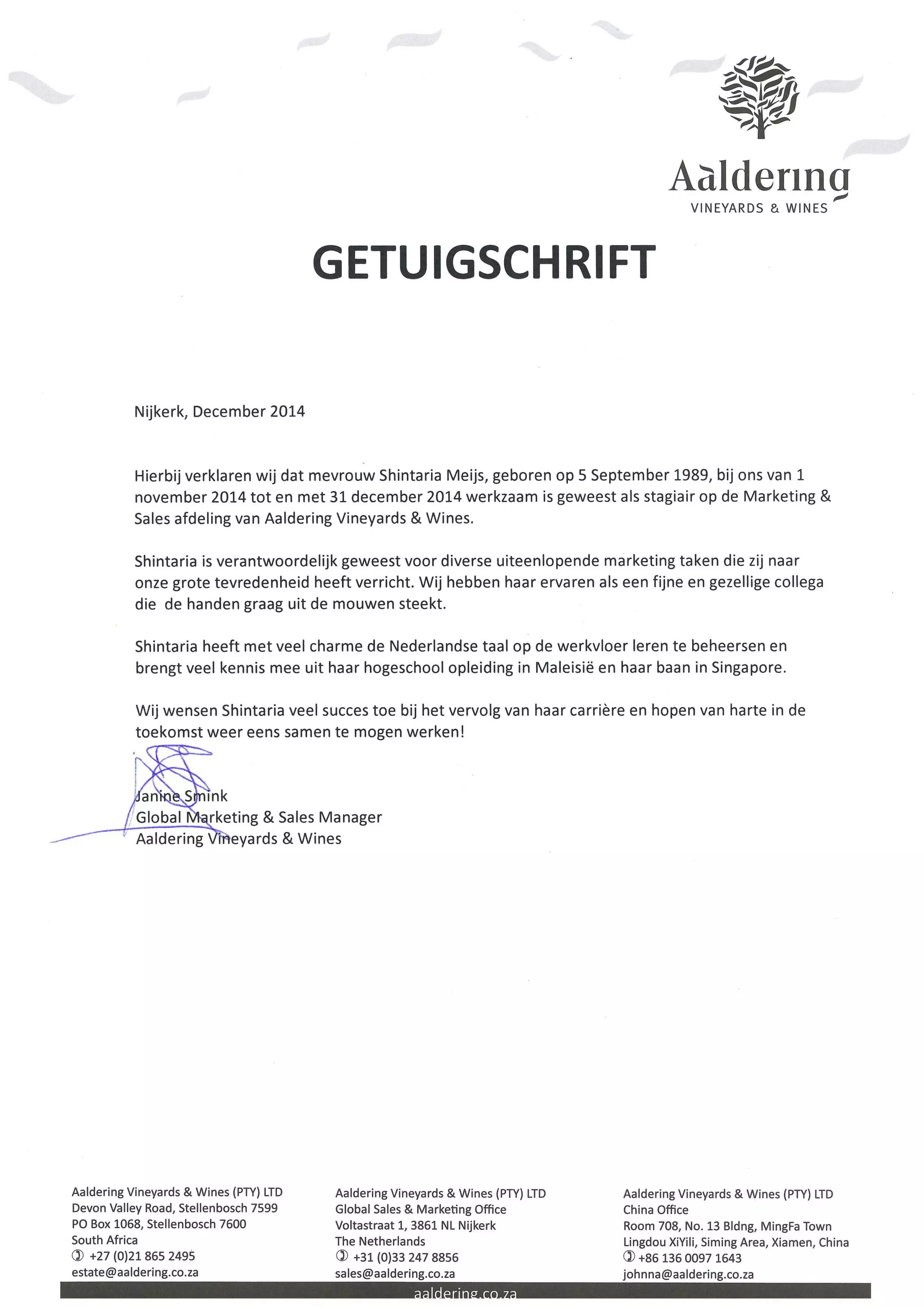Getuigschrift - Aaldering Vineyards & Wines | PDF