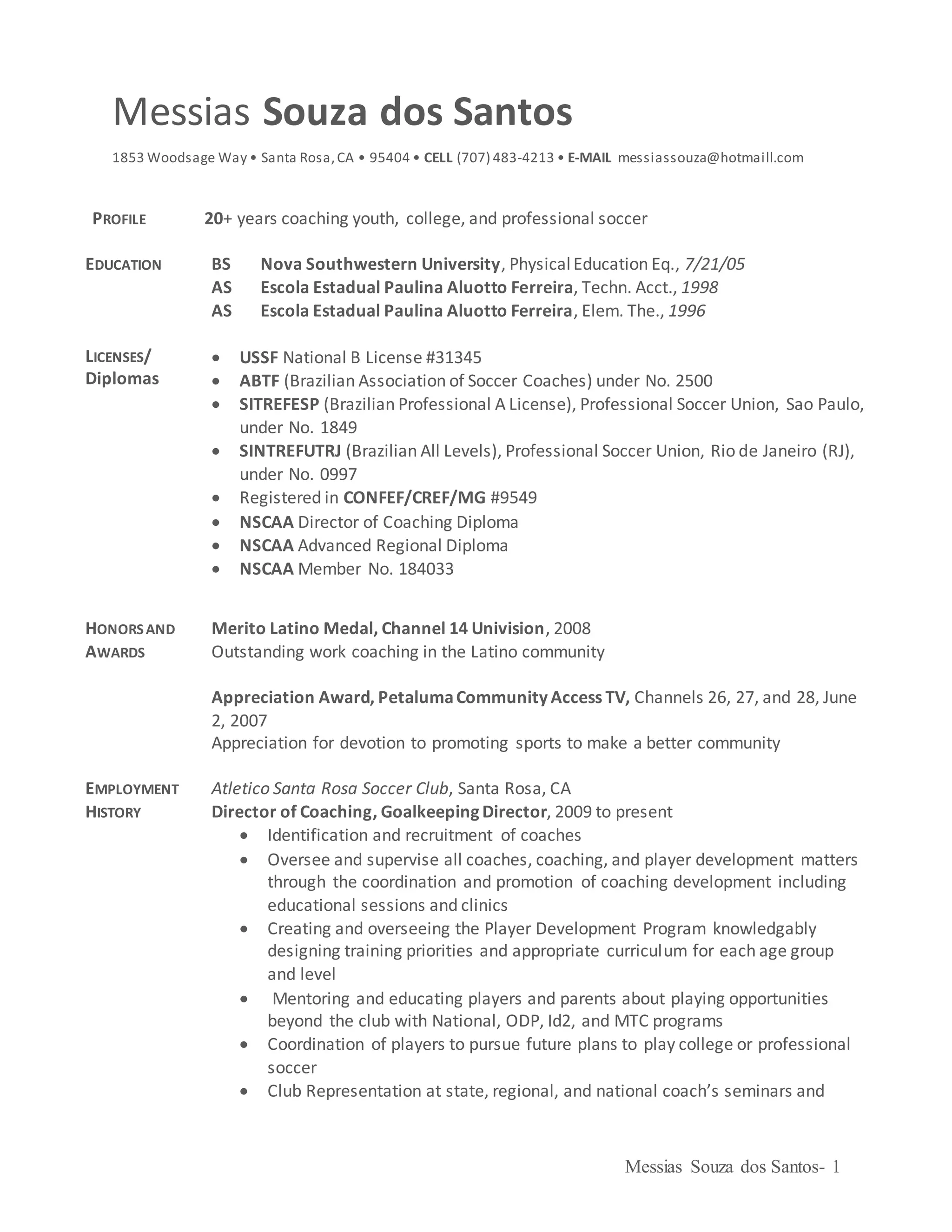 Messias soccer resume | PDF