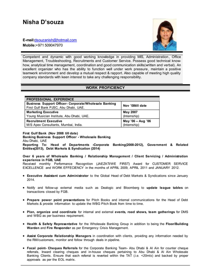 Nisha D'souza Resume 2015 | DOCX | Business Banking & Finance | Business