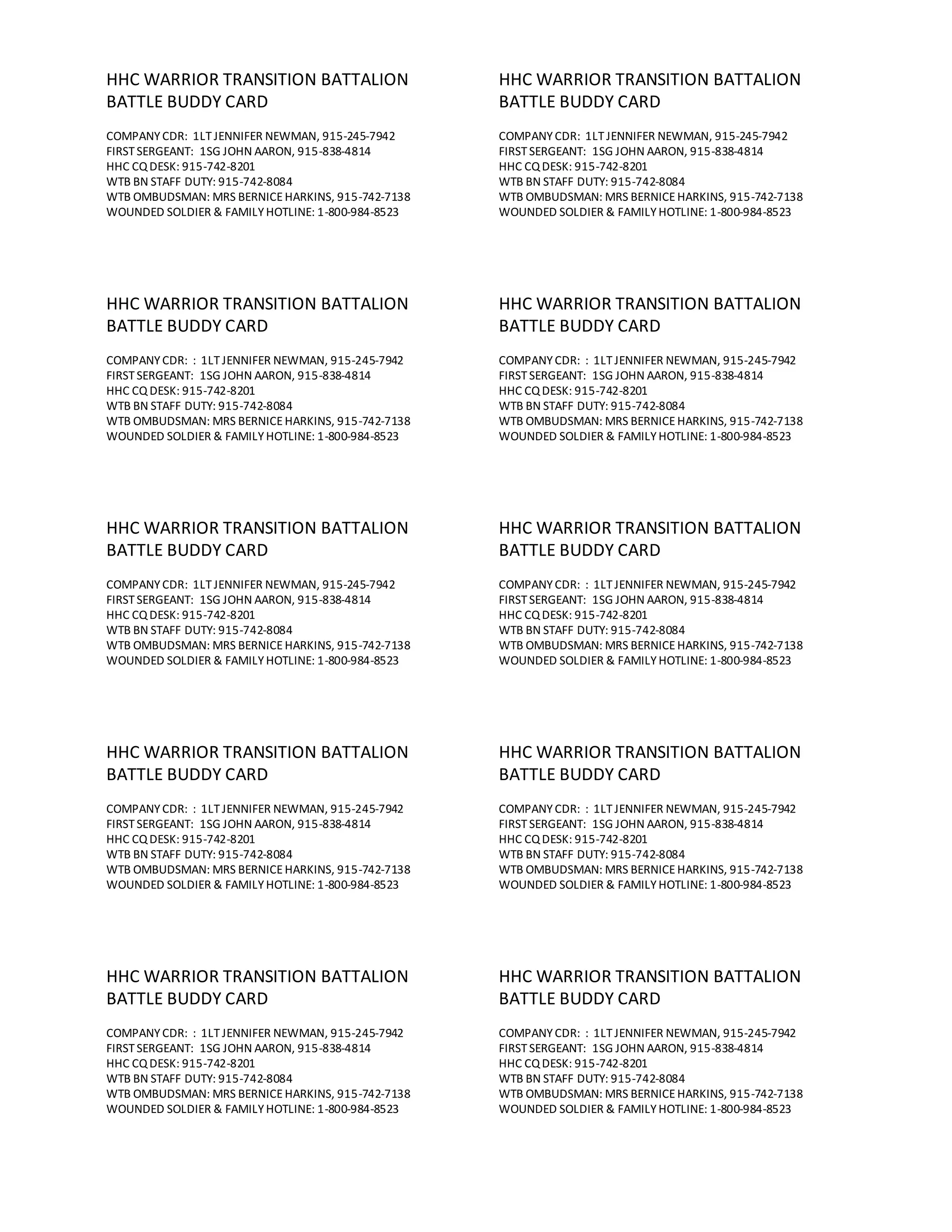 wounded warrior information cards | DOCX