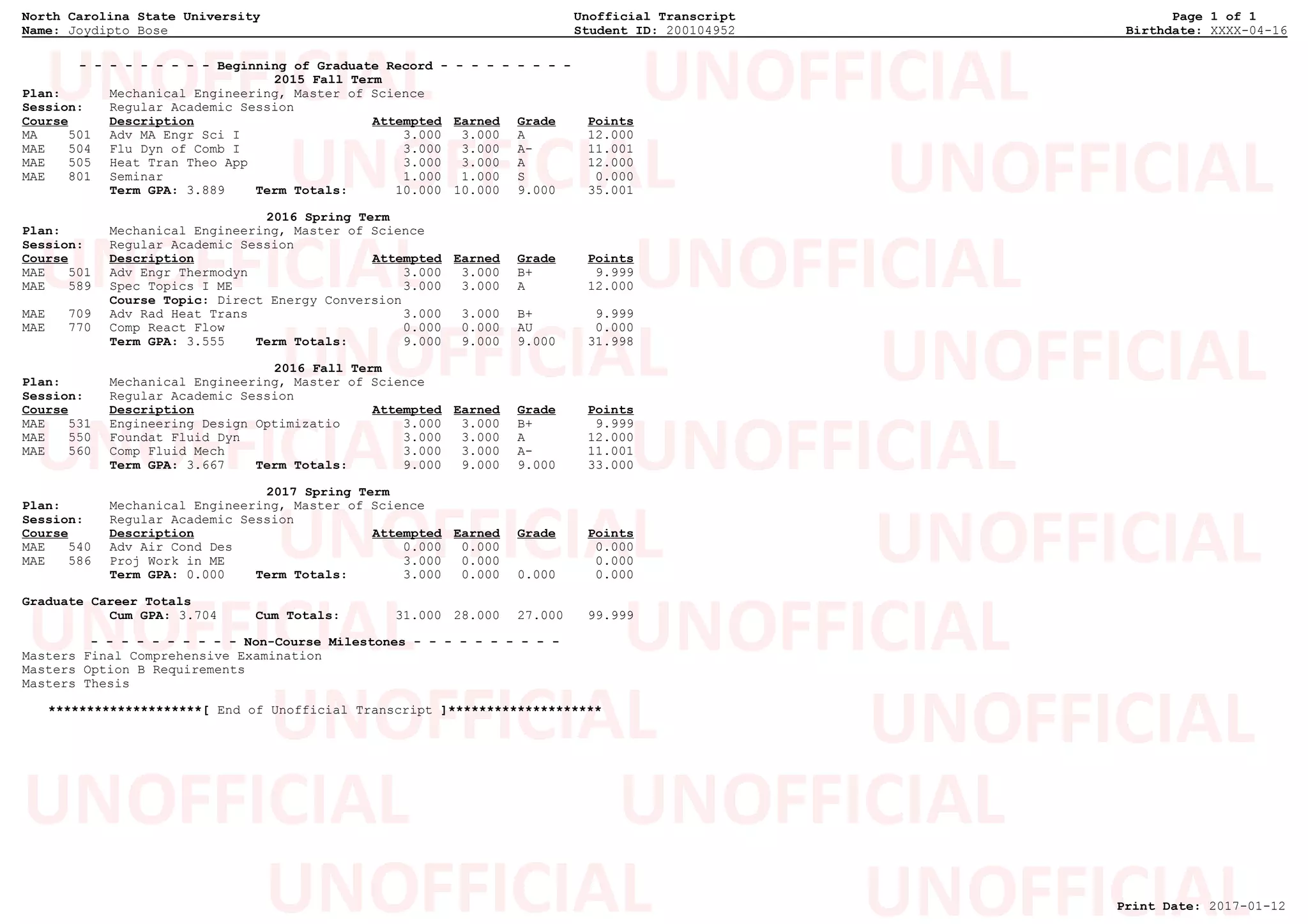 NCSU_JBose_Transcript | PDF | Graduation | Personal Celebrations & Life ...