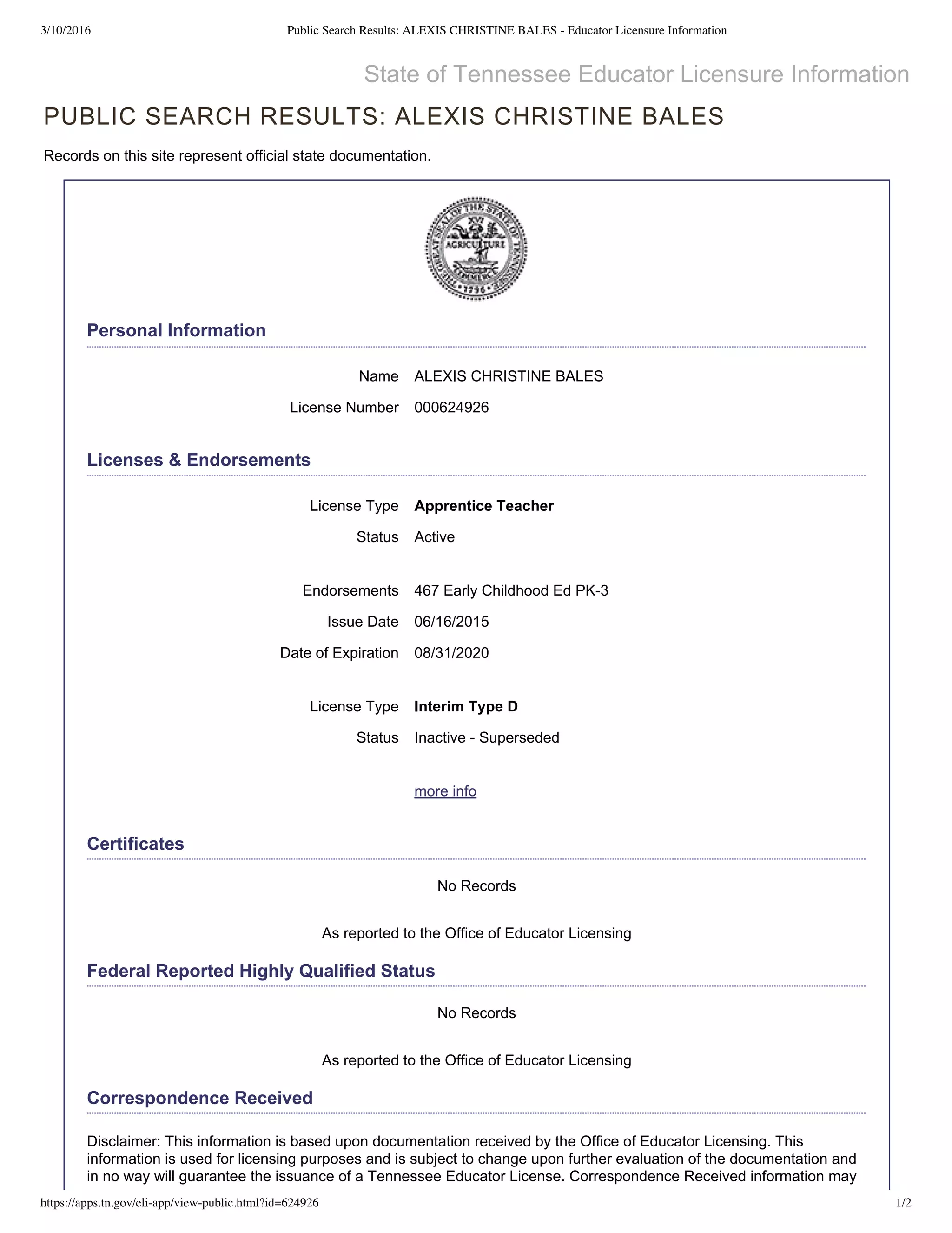 Alexis Bales Teaching License | PDF