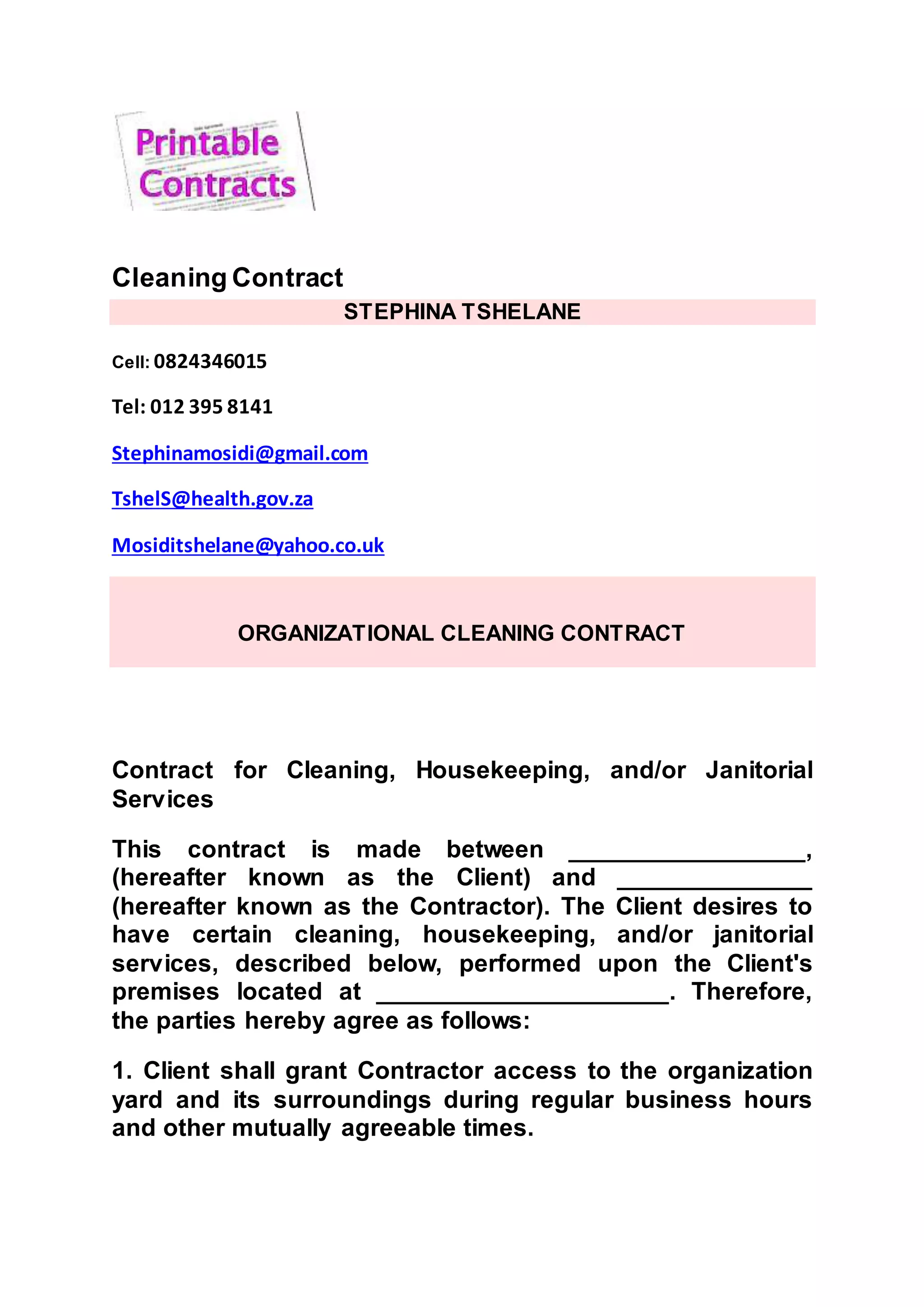 Stephina Cleaning Contract | DOCX | Developmental Sites | Real Estate