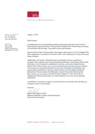 Dean's Honour Roll Letter and Certificate | PDF
