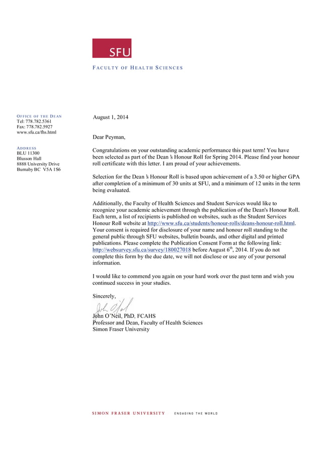 Dean's Honour Roll Letter and Certificate | PDF