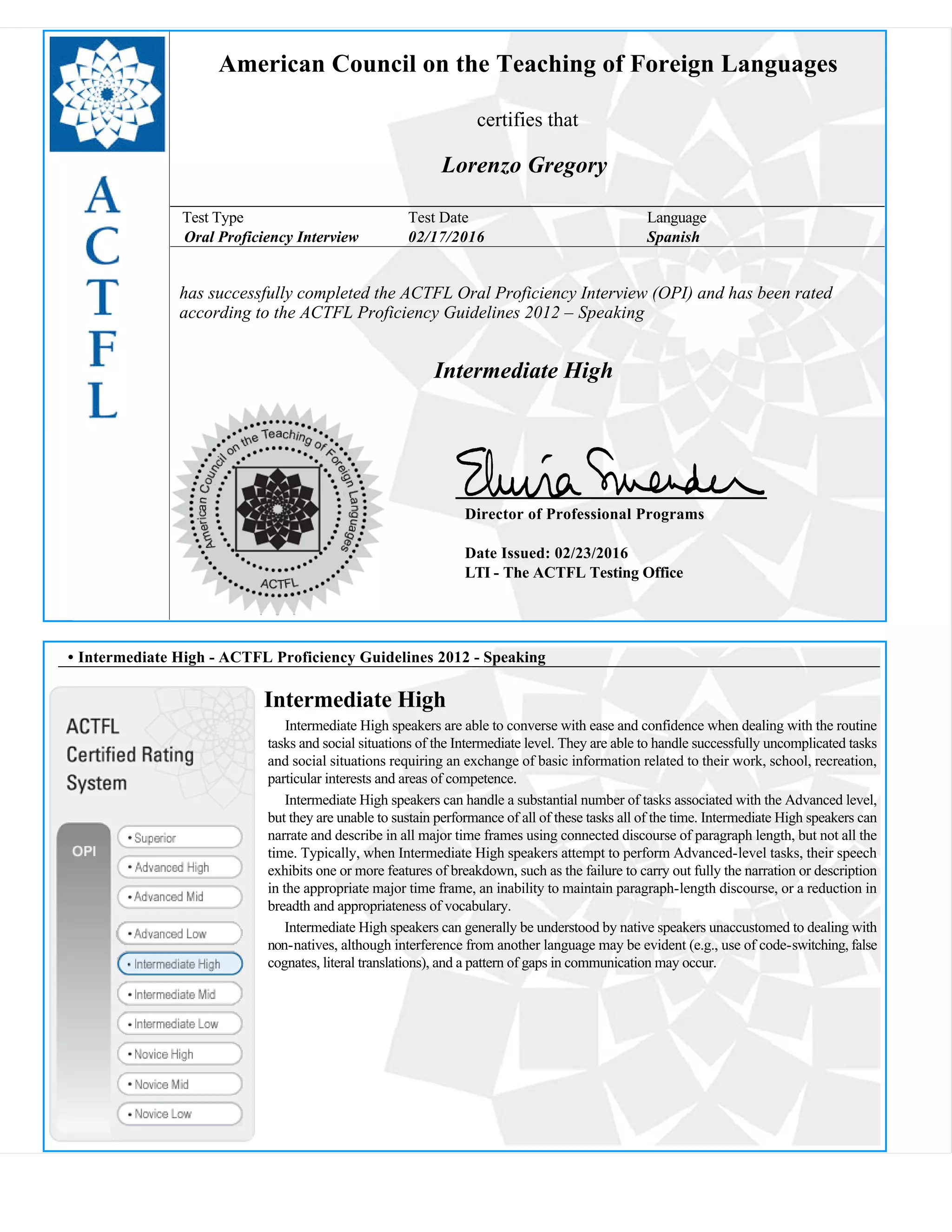 Oral proficiency certificate | PDF