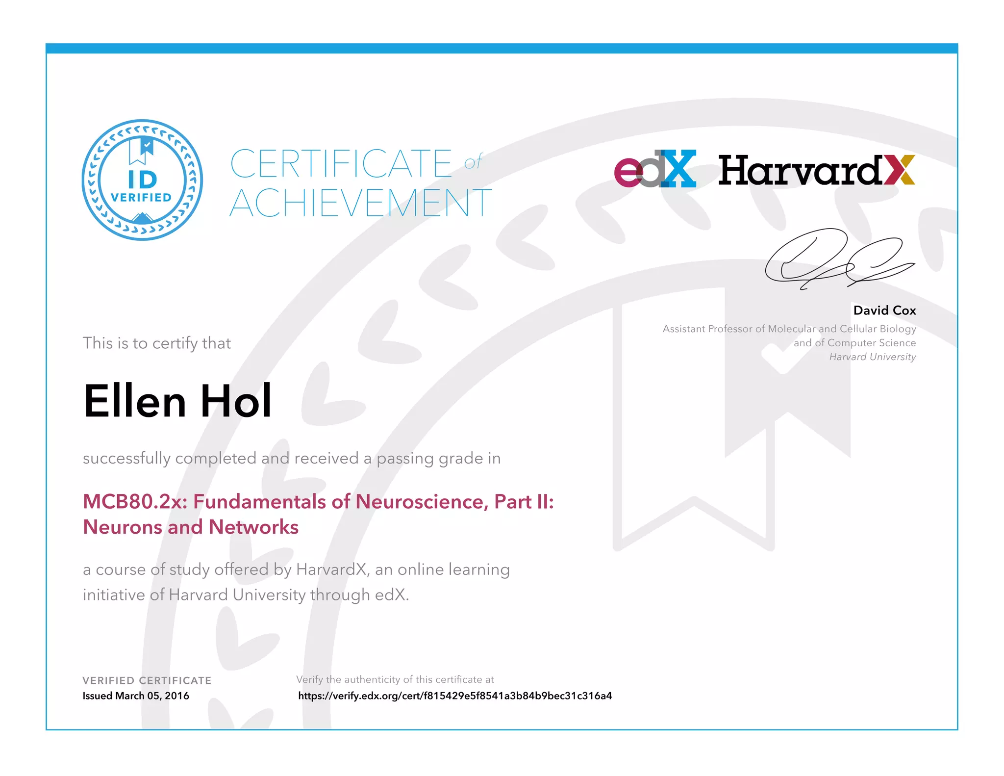 Certificate edX Neuroscience Part 2 | PPT