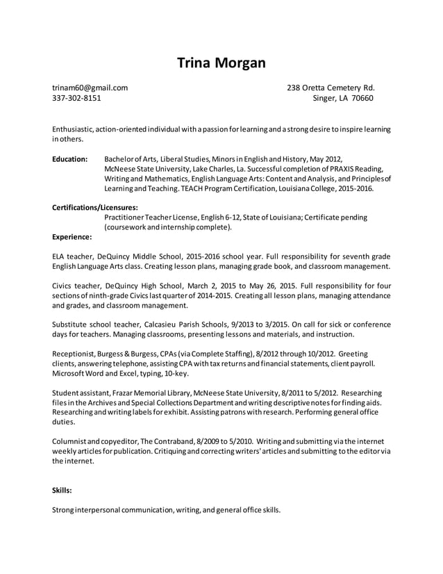 ResumeTrinaMorgan | DOCX | Professional School | Postgraduate Education