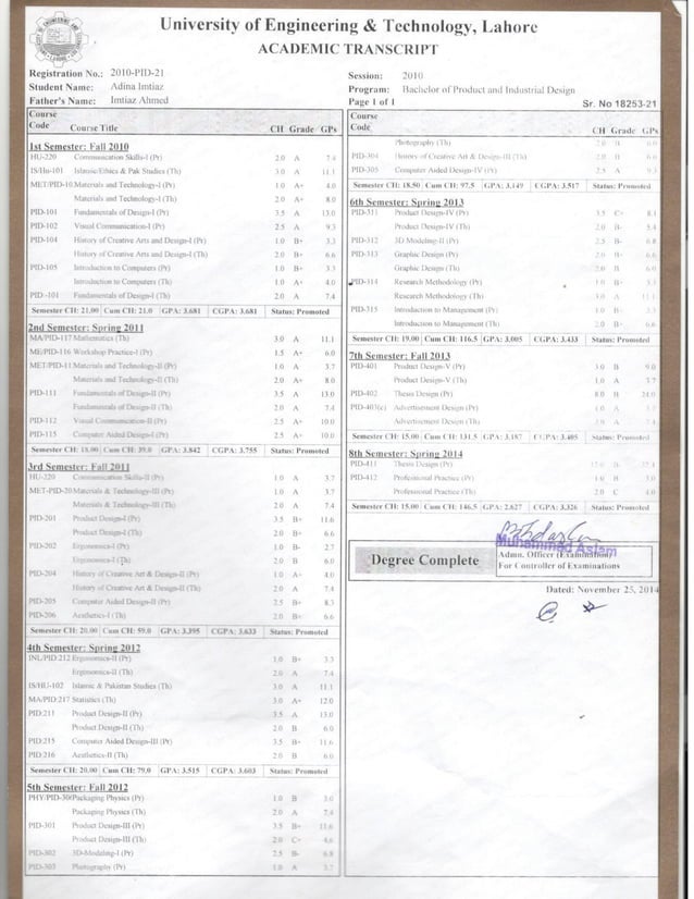 UET Academic Transcript Front side | PDF
