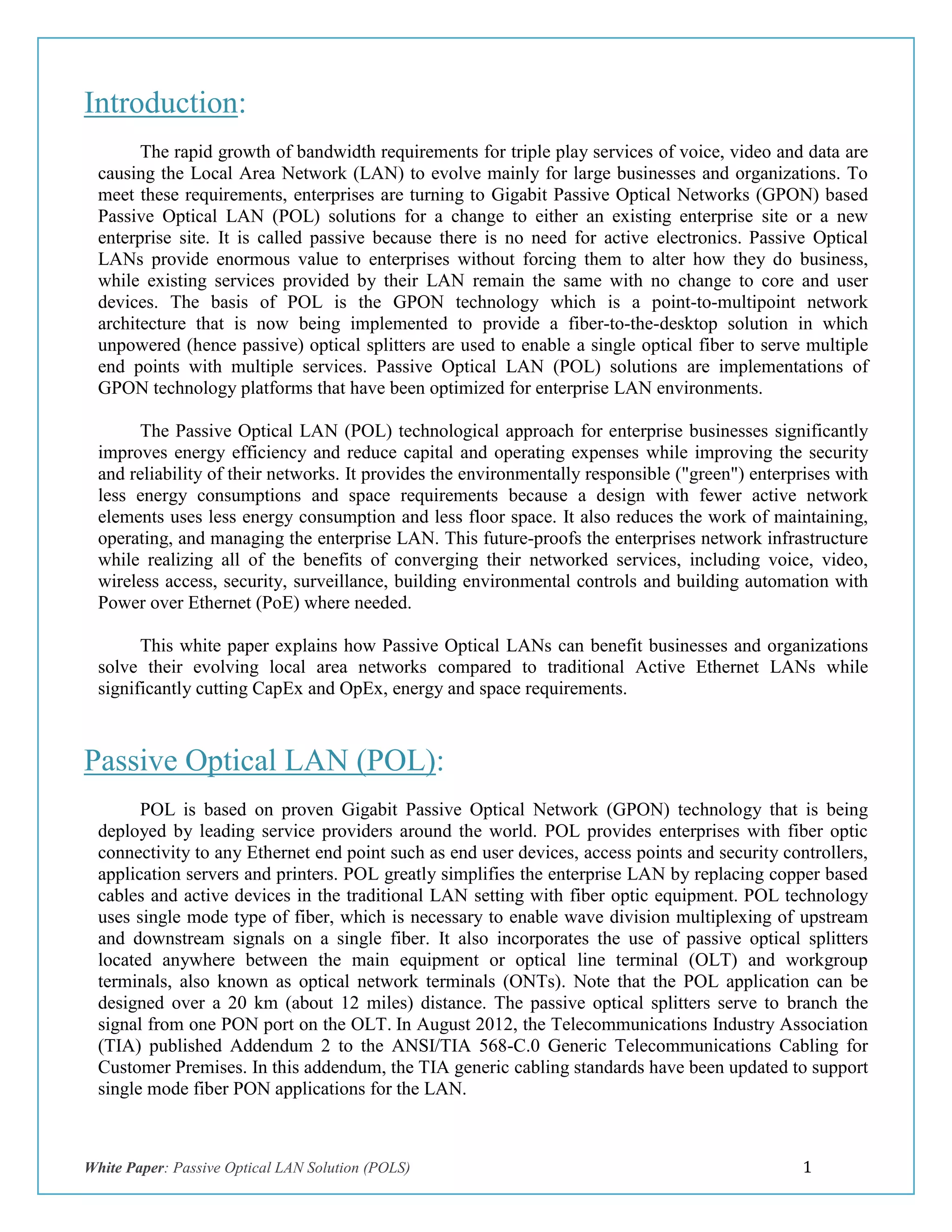 Passive Optical LAN Solution - White Paper | PDF