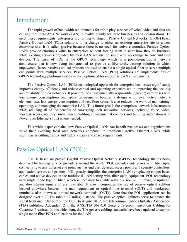 Passive Optical LAN Solution - White Paper | PDF