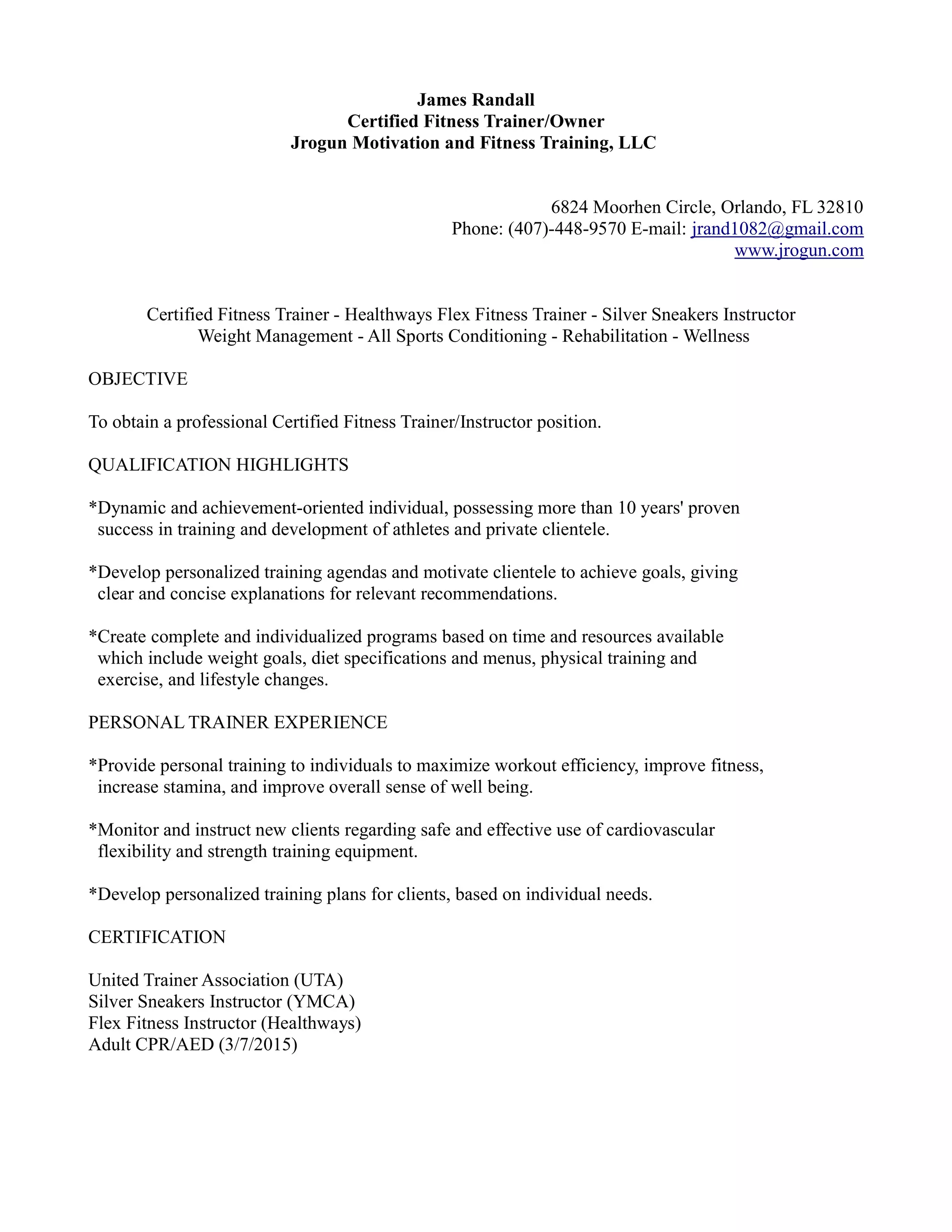 James Randall Resume 8-1-2016 | PDF | Fitness and Exercise | Healthy Living