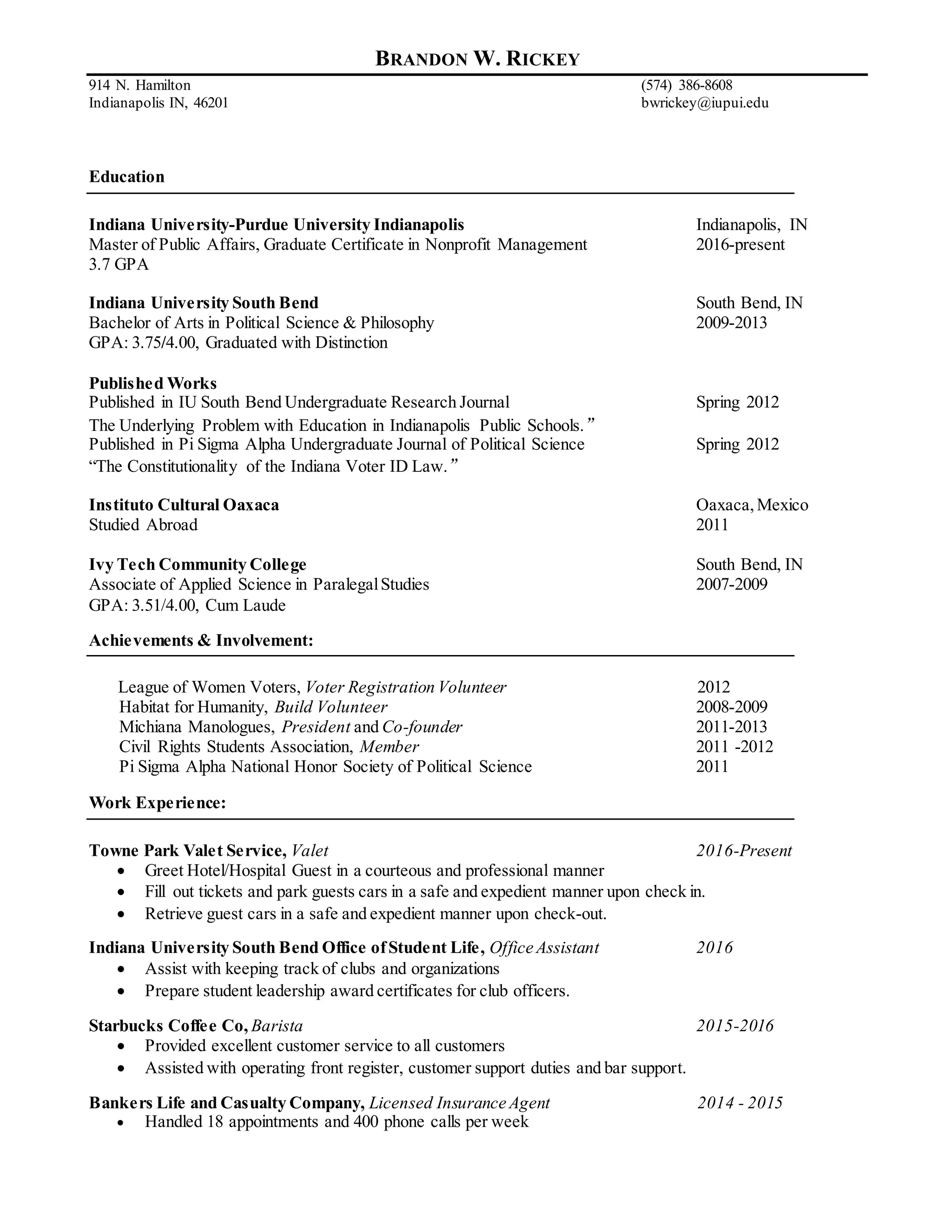 Brandon Rickey Resume - IUPUI | DOCX