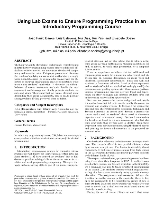 Using lab exams to ensure programming practice in an introductory programming course | PDF