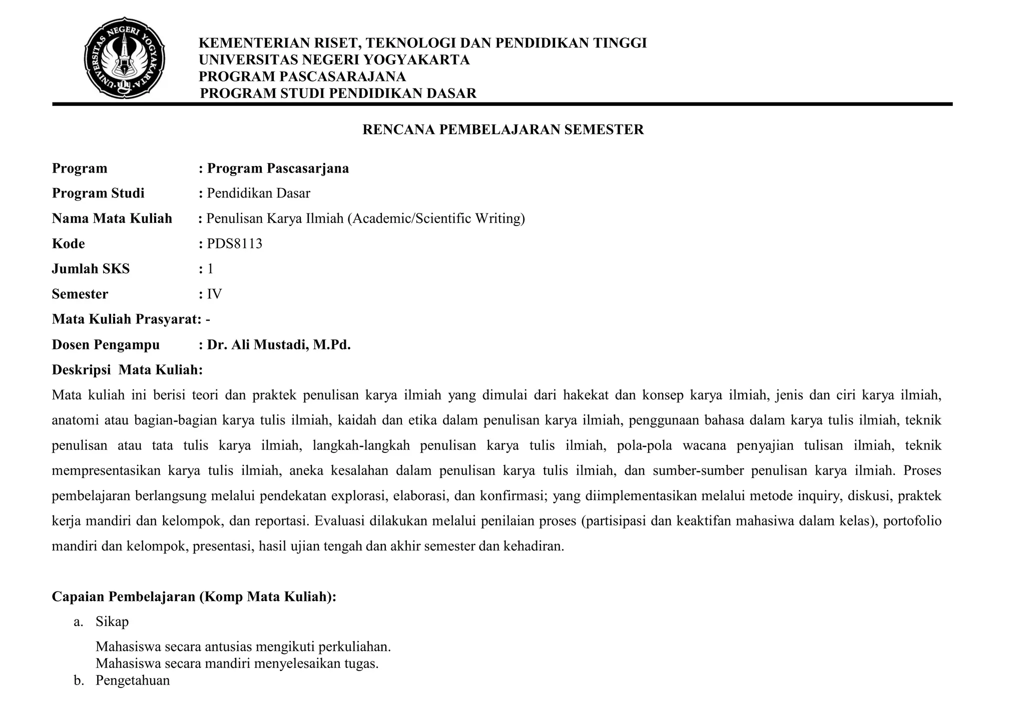 Rencana Perkuliahan Semester Teknik Penulisan KAril | PDF