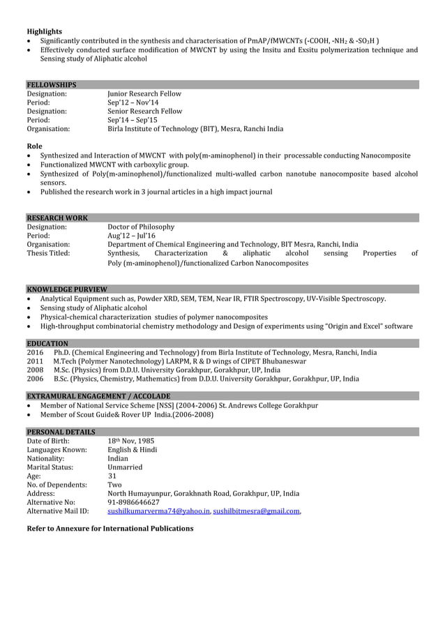 Sushil Kumar Verma, CV | PDF | Chemistry | Science