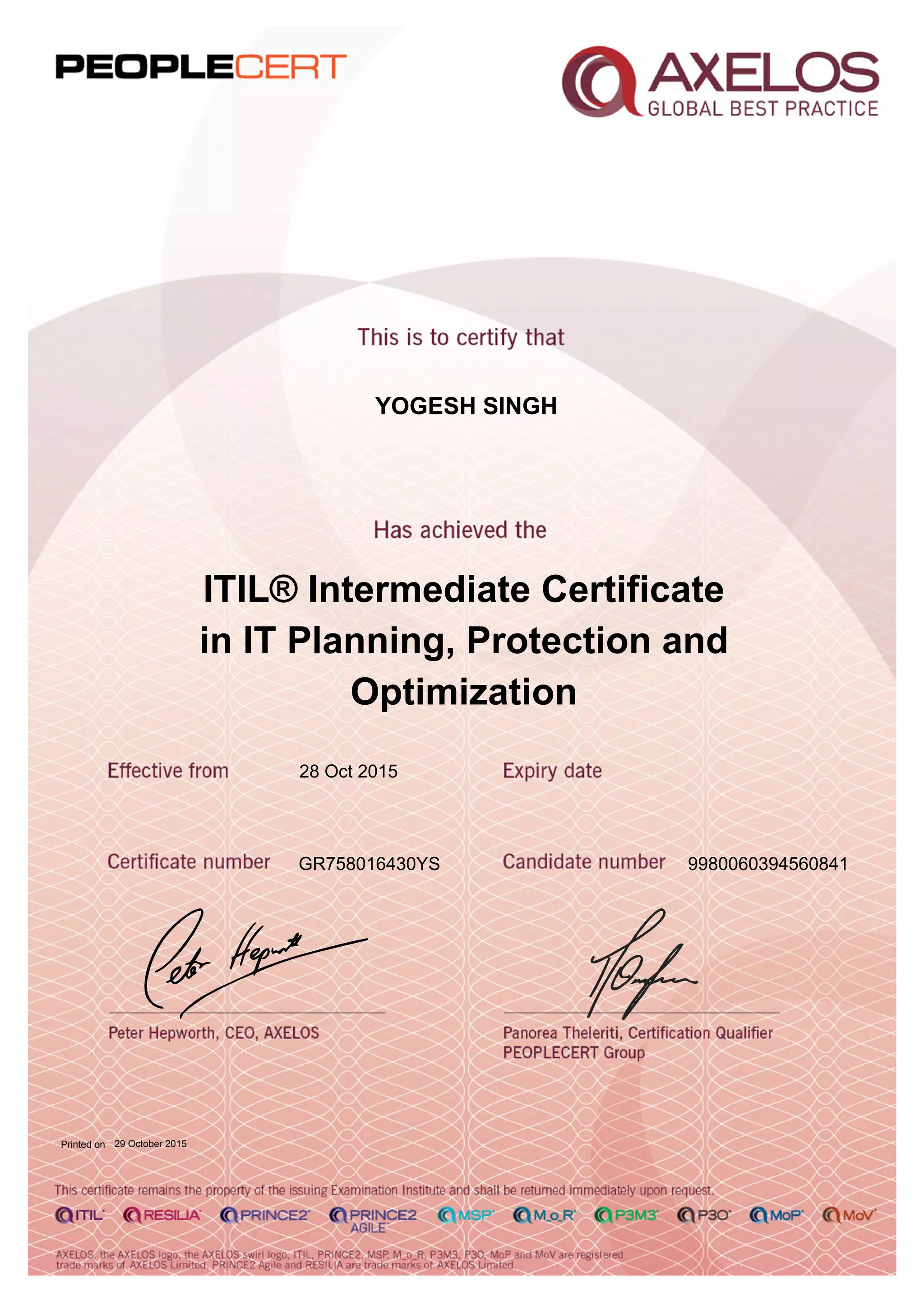 ITIL Intd PPO Certificate | PDF