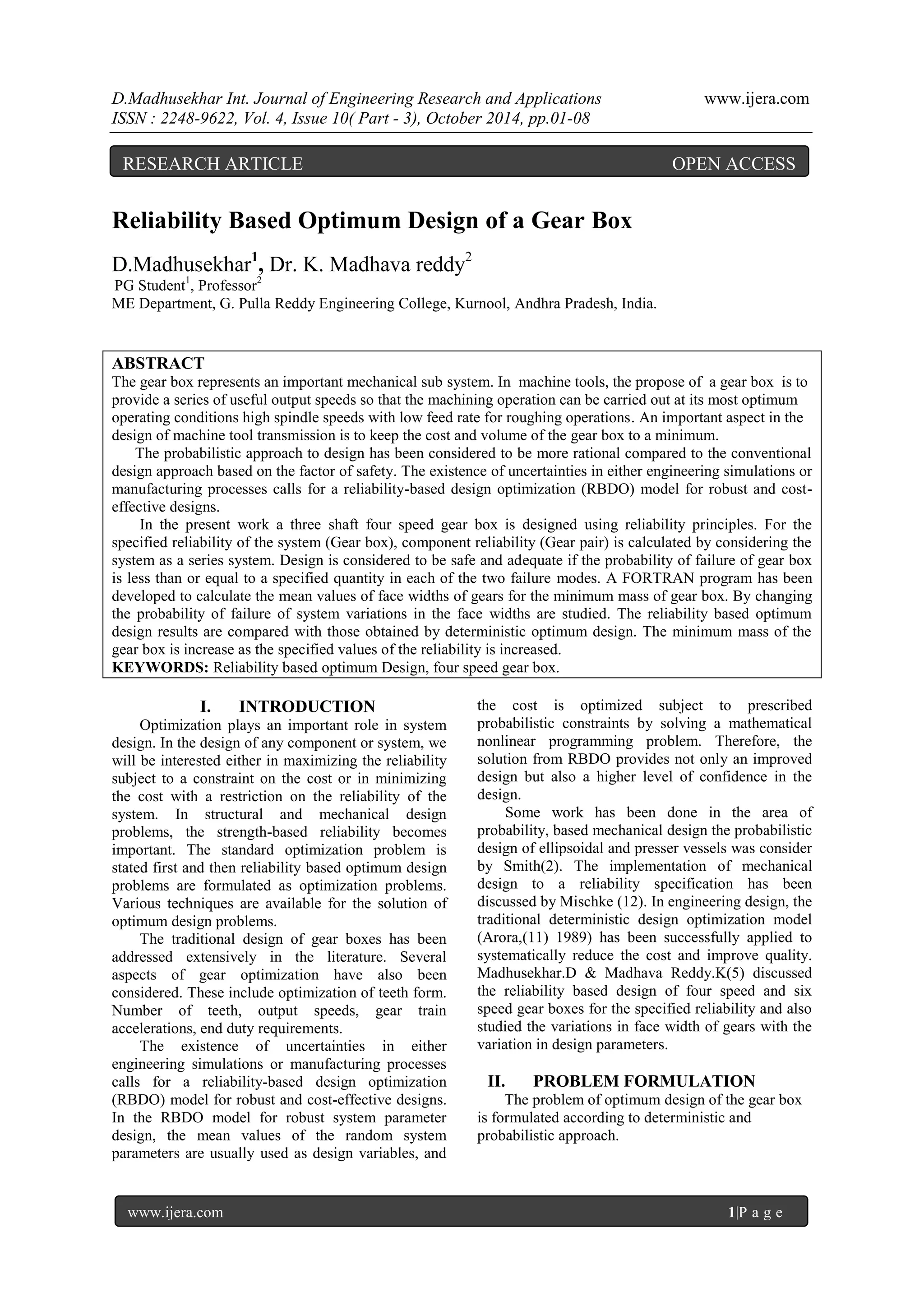 Reliability Based Optimum Design of a Gear Box | PDF