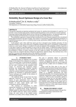 Reliability Based Optimum Design of a Gear Box | PDF