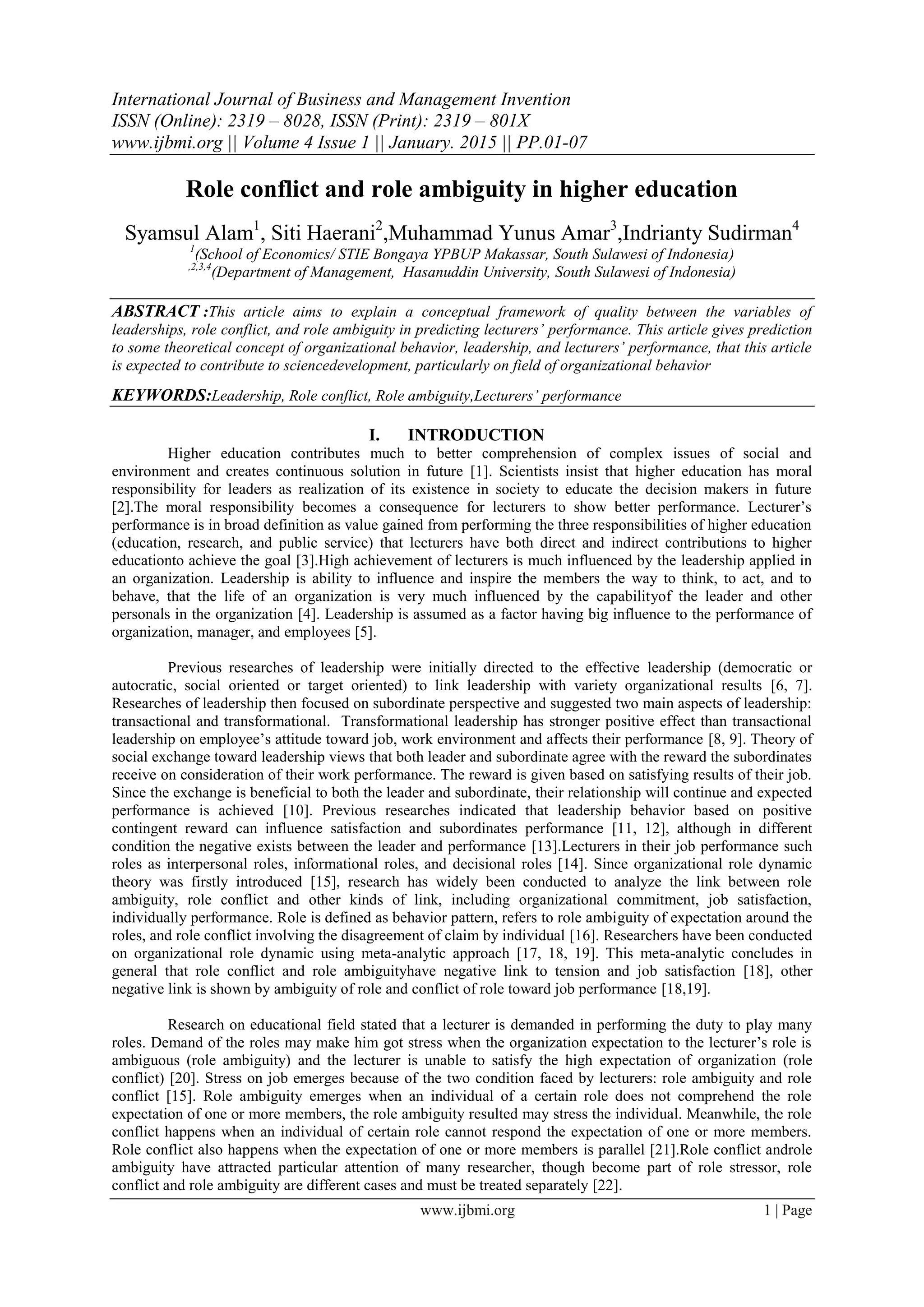 Role conflict and role ambiguity in higher education | PDF