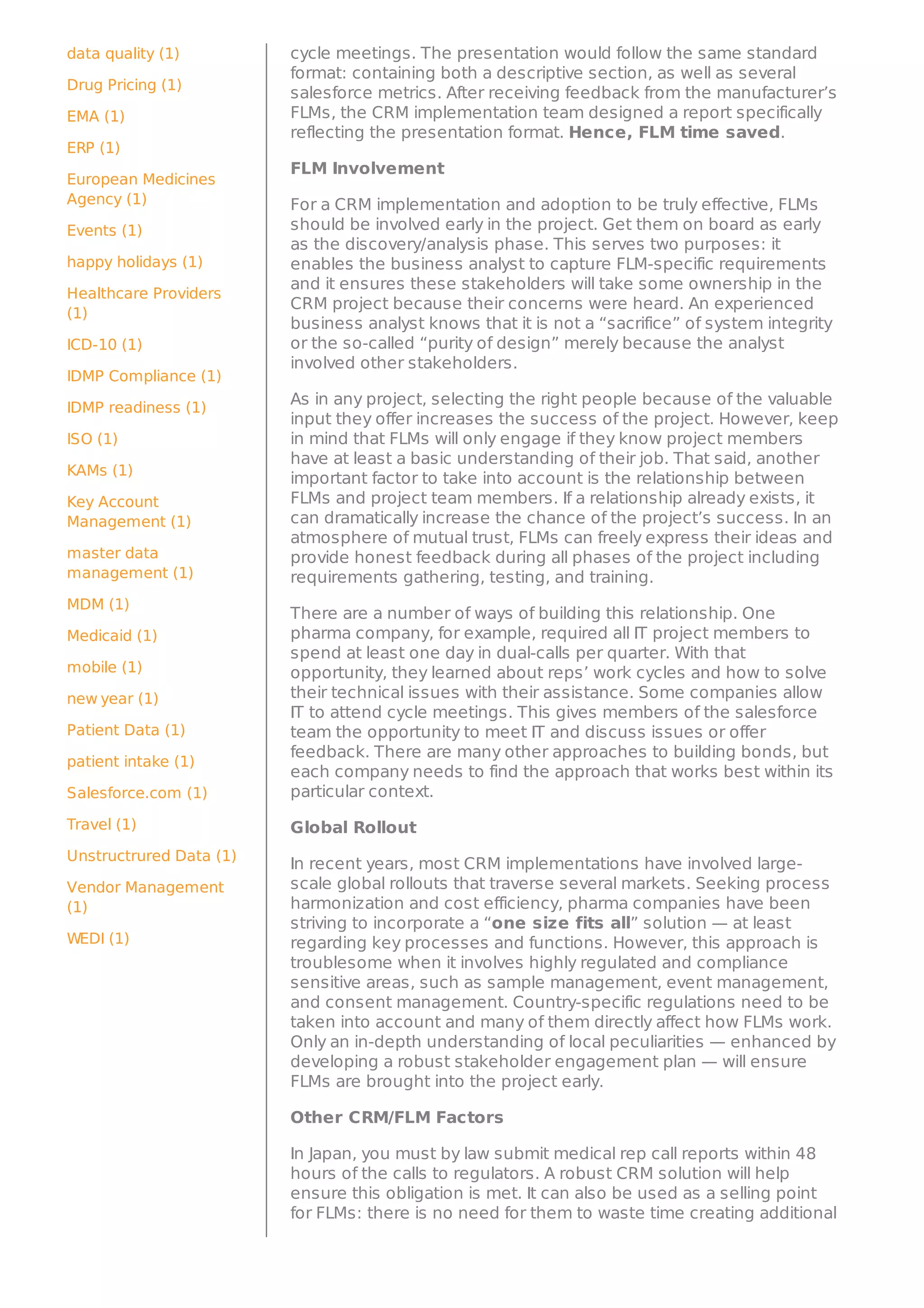 Pharma CRM - Critical Role of FLMs | PDF