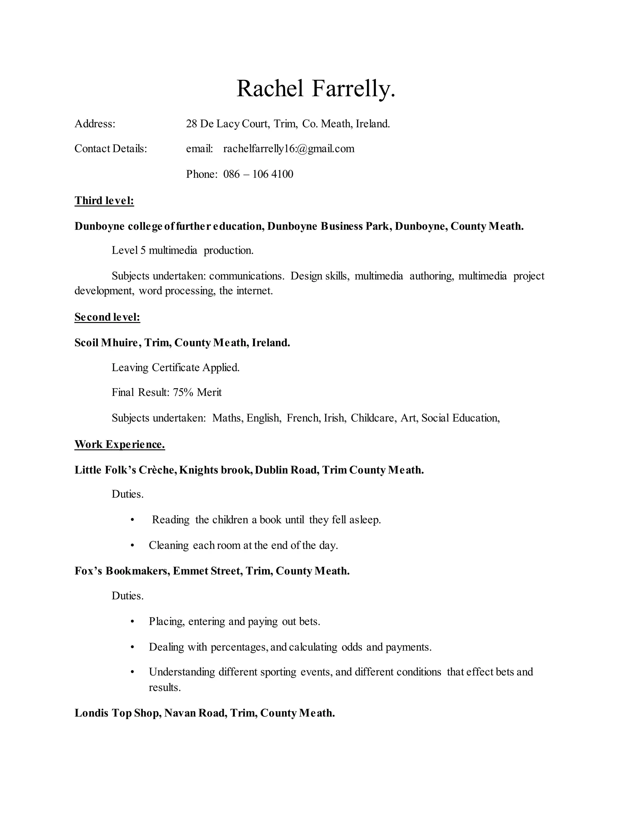 Rachel Farrelly CV | DOCX