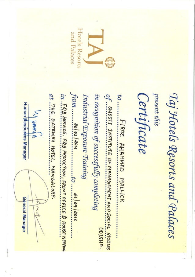 Industrial Training(TAJ Group of Hotels, Resorts & Palaces) | PDF ...