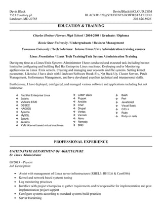 Devin Black RHELSA Resume 2 | DOC | Operating Systems | Computer Software and Applications