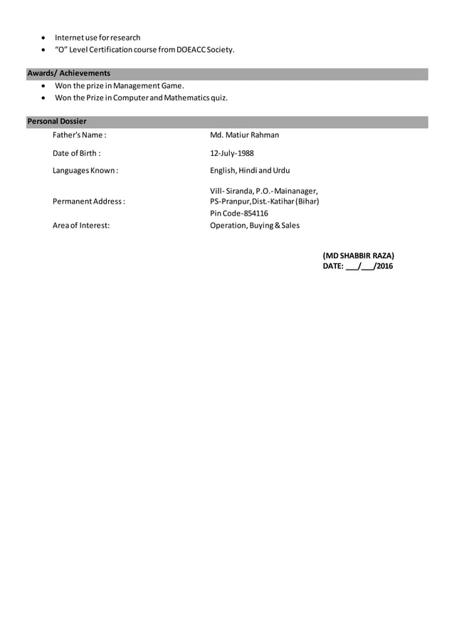 Md. Shabbir Raza Resume. | DOCX | Business Administration | Business