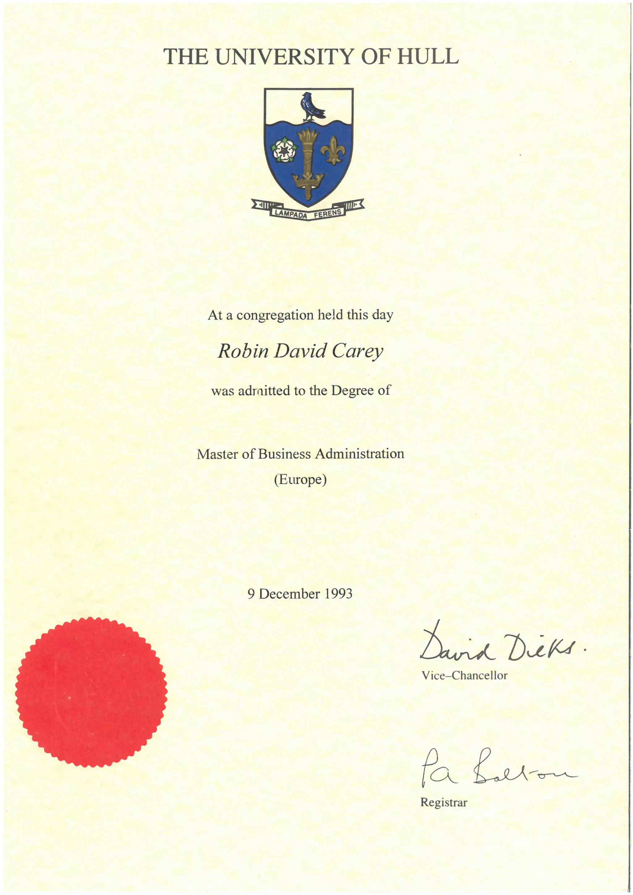 Robin Carey MBA December 1993 Certificate | PDF