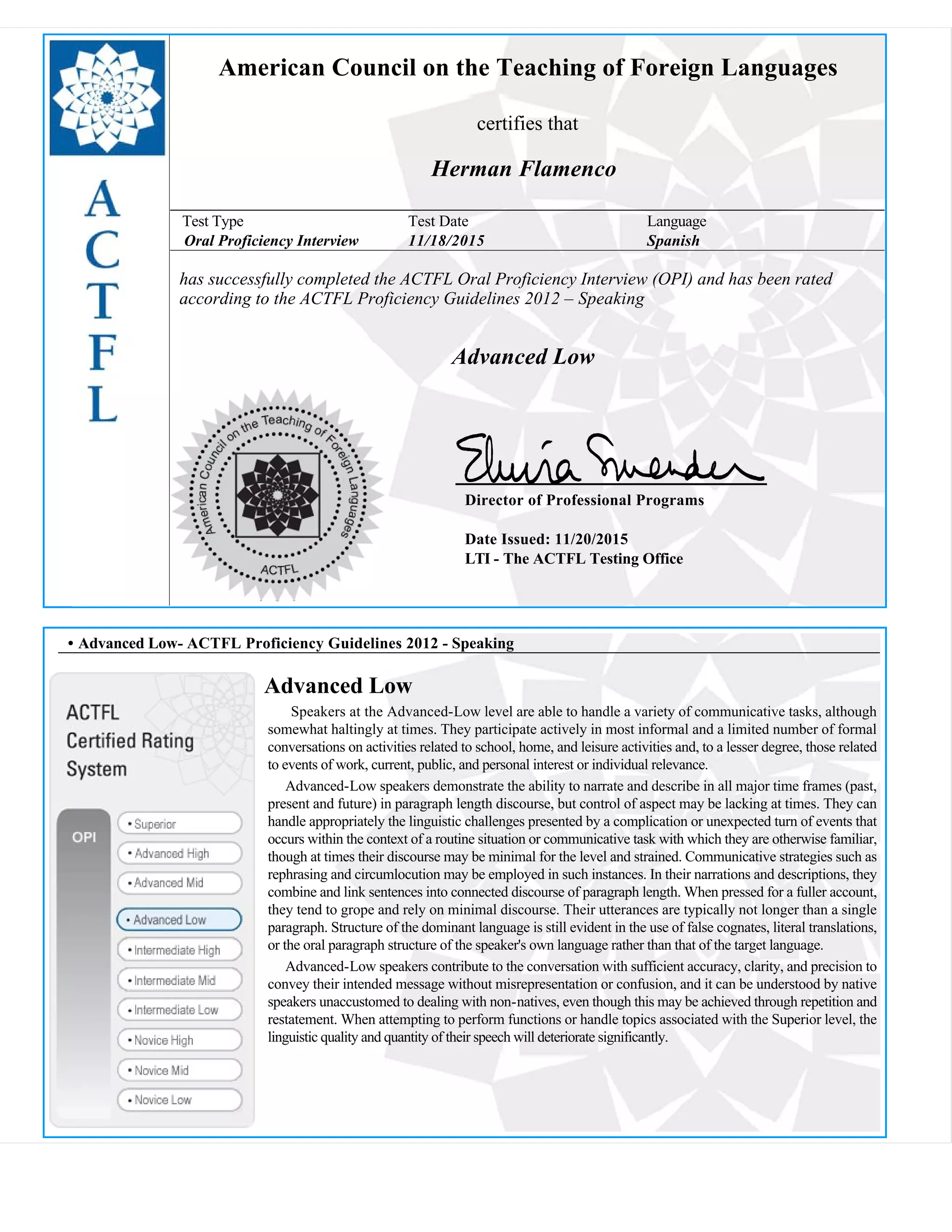 ACTFL_SpanishProficiency_Certificate | PDF