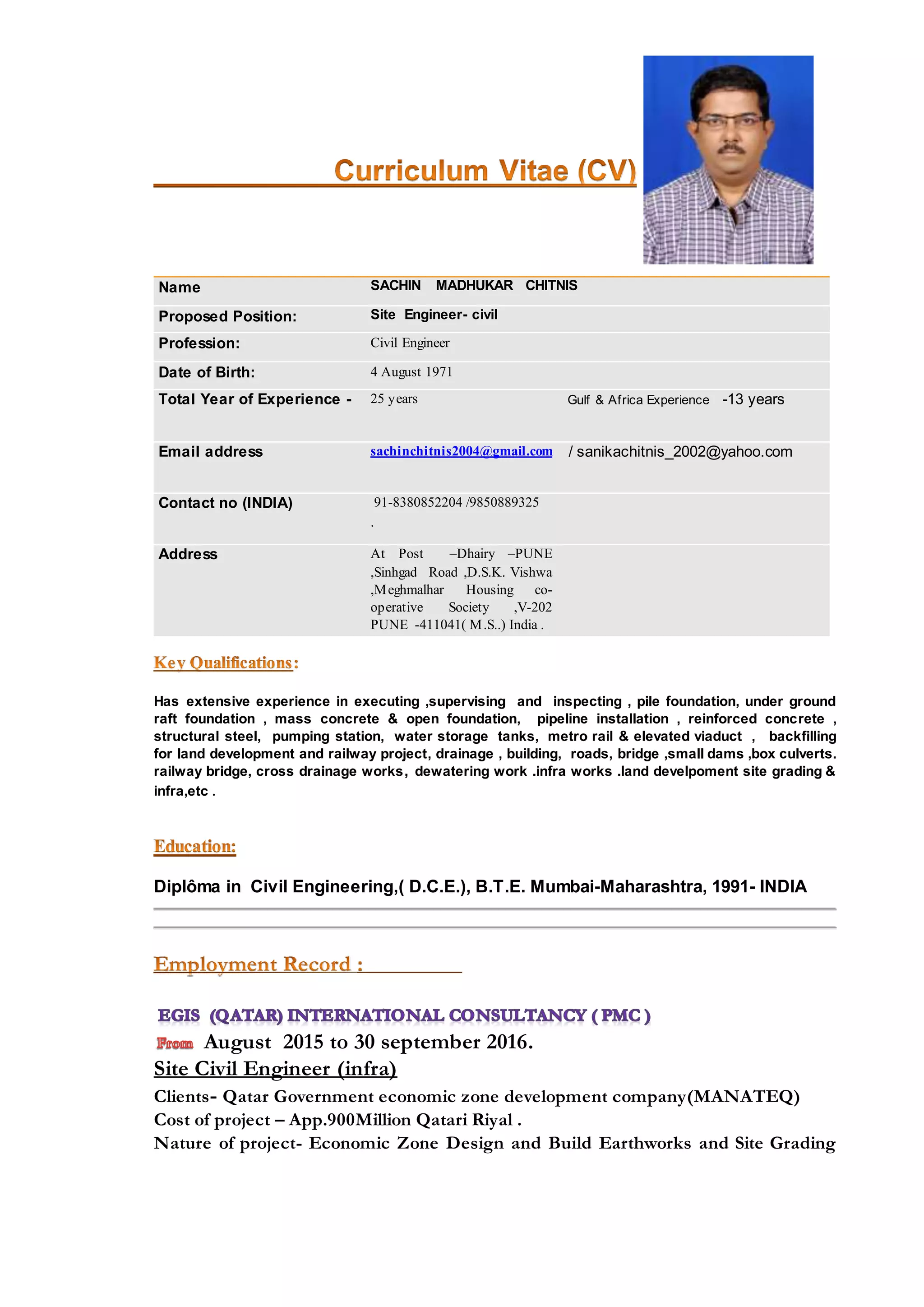 CV -Sachin Madhukar Chitnis -( Civil Roads, Utility,infra,metro rail ,) | DOCX