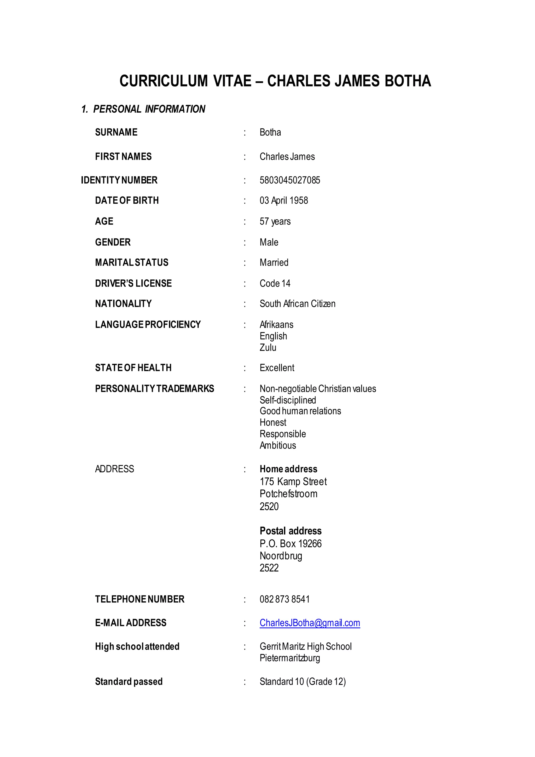 CJ Botha CV 2015 Certificates Included | DOCX