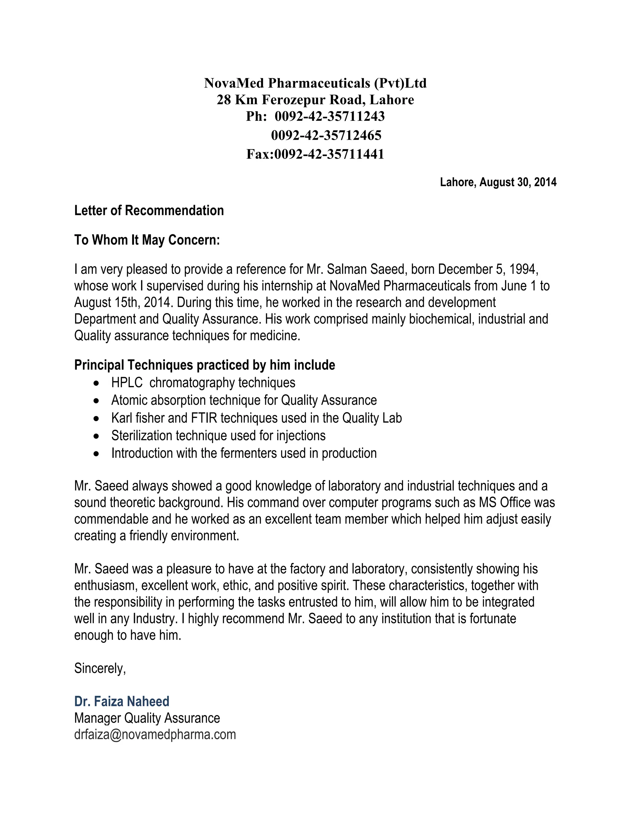NovaMed Pharmaceuticals Reference Letter | PDF