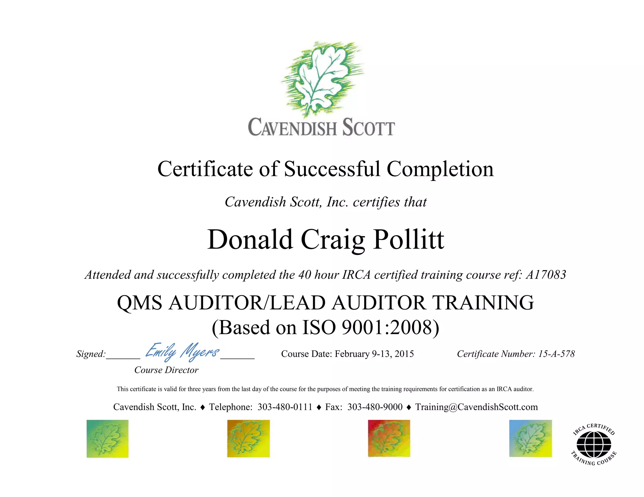 Donald Craig Pollitt Certificate of Success 021315 | PPT