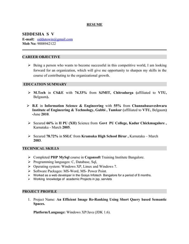 siddesh M Tech resume 1 | PDF