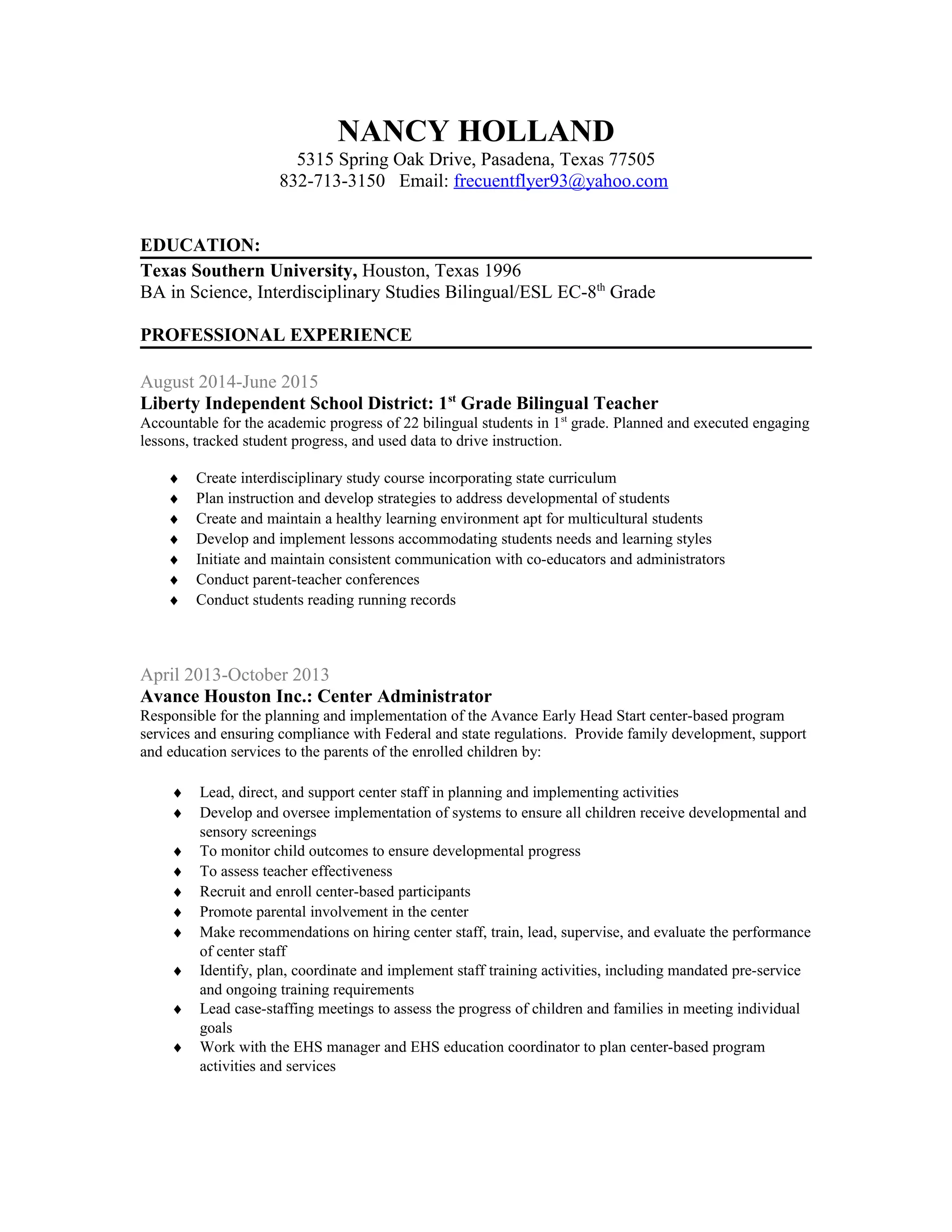NANCY HOLLAND RESUME 2016 | DOC