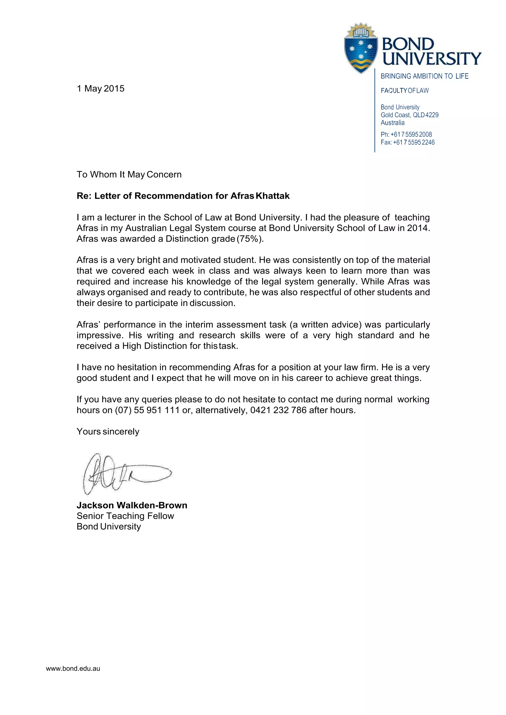 Reference Letter from Jackson Walkden-Brown | PDF