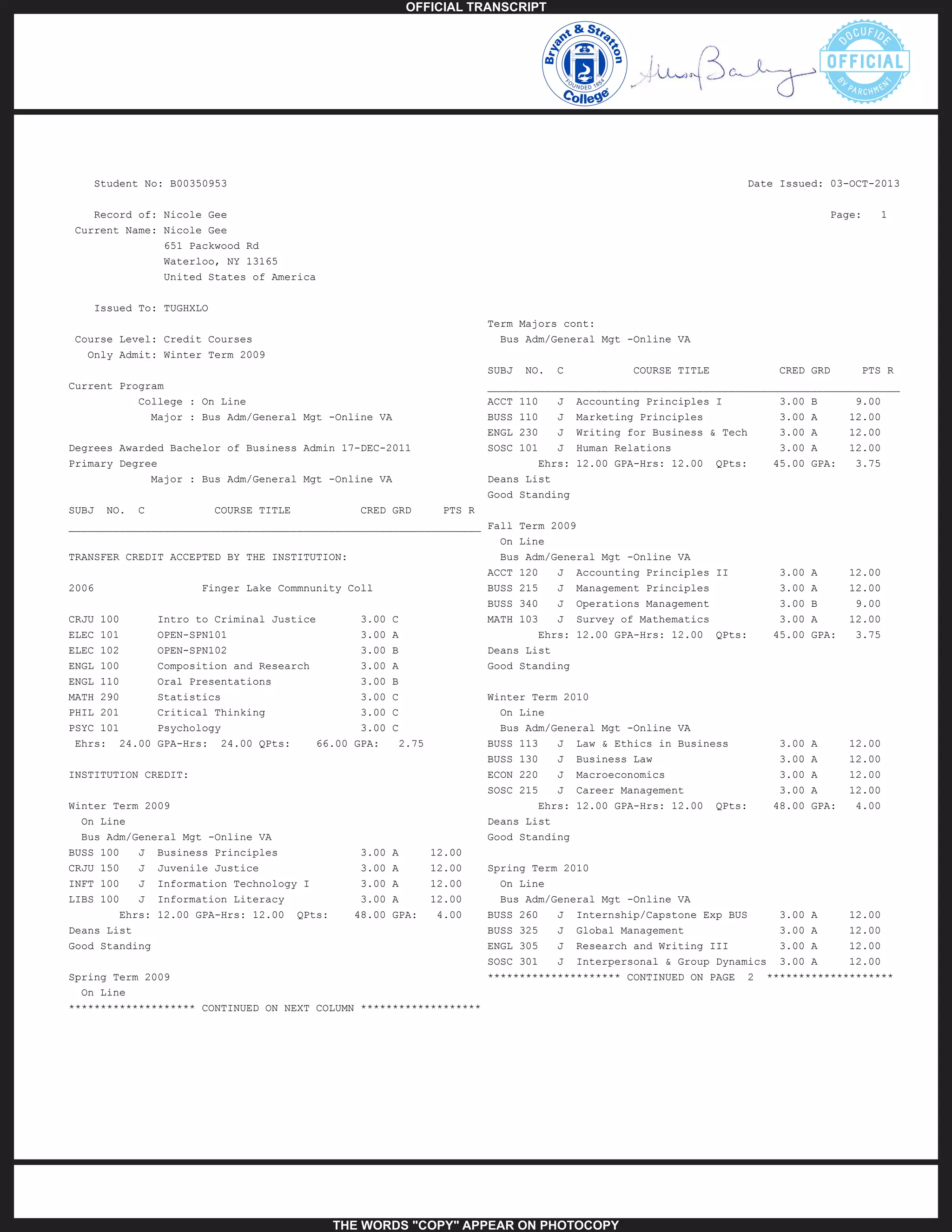 Bryant & Stratton College Transcripts | PDF