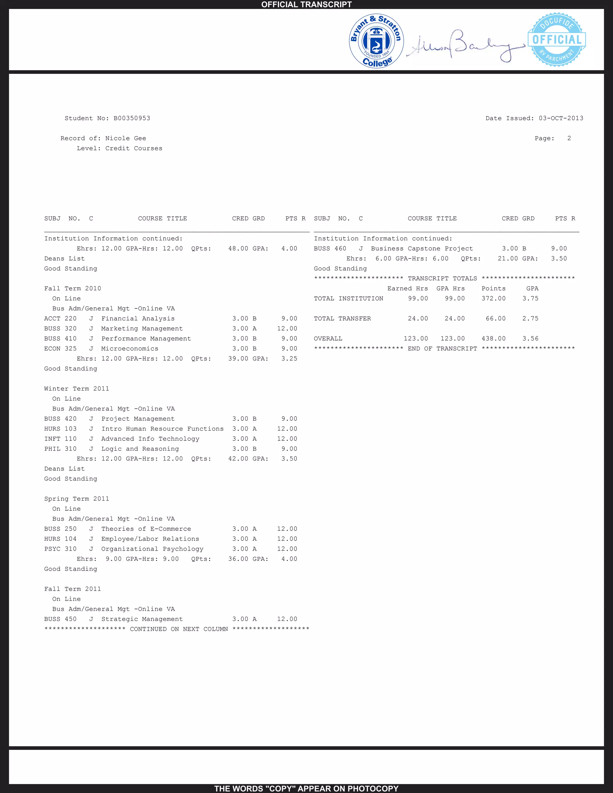 Bryant & Stratton College Transcripts | PDF
