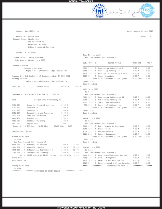 Bryant & Stratton College Transcripts | PDF