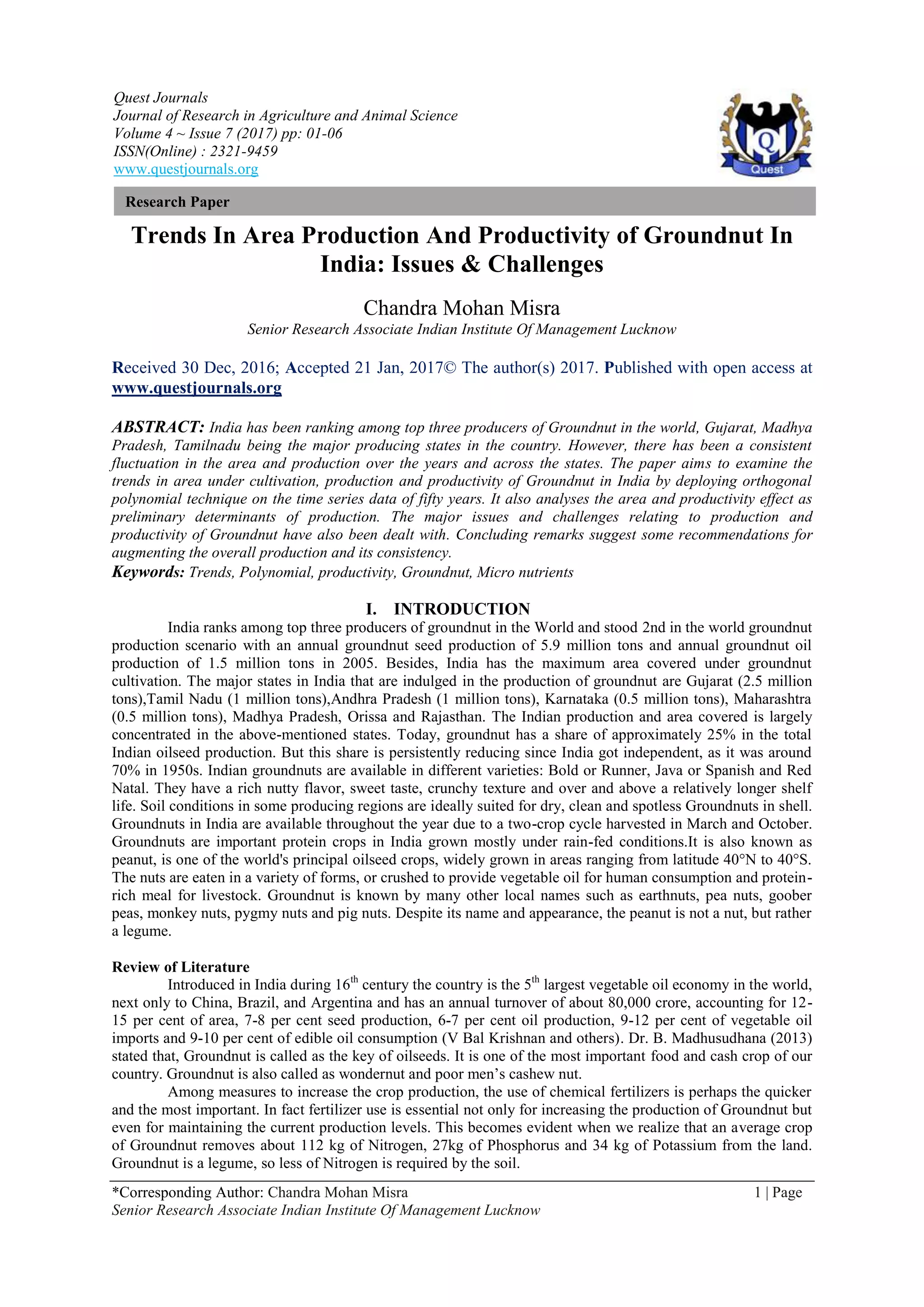 Trends In Area Production And Productivity of Groundnut In India ...