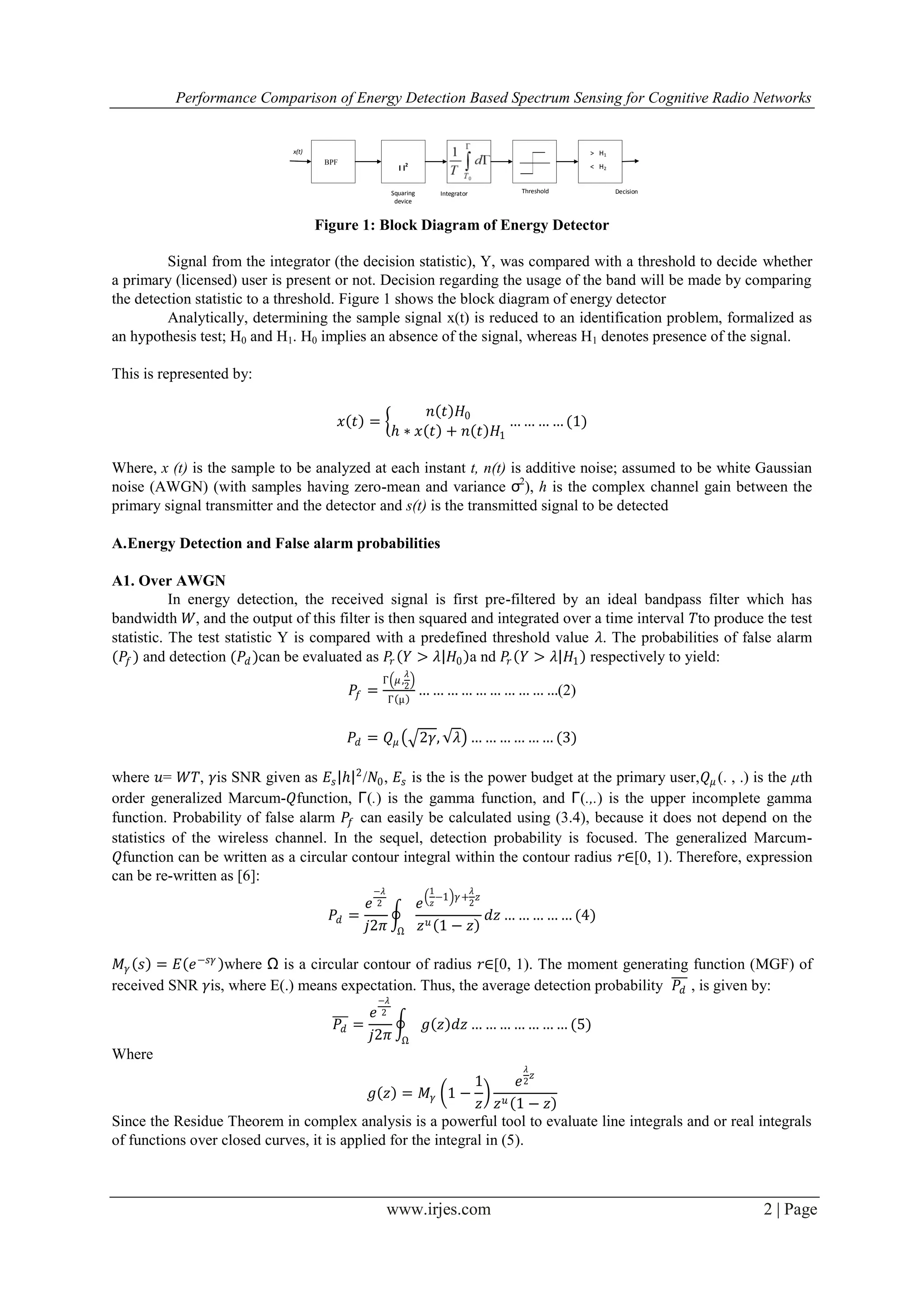 Performance Comparison Of Energy Detection Based Spectrum Sensing For Cognitive Radio Networks Pdf 